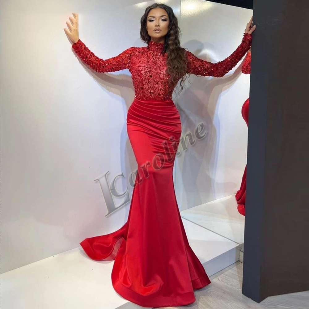 קרוליין אדומה מעודנת חצוצרה נצנצים חרוזים שמלת ערב גבוהה שרוולים ארוכים ...