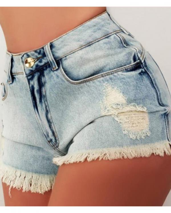 Womens Shorts Cross Border Special Light Color Ripped Shorts Hot Womens Jeans Hole Tassels Denim